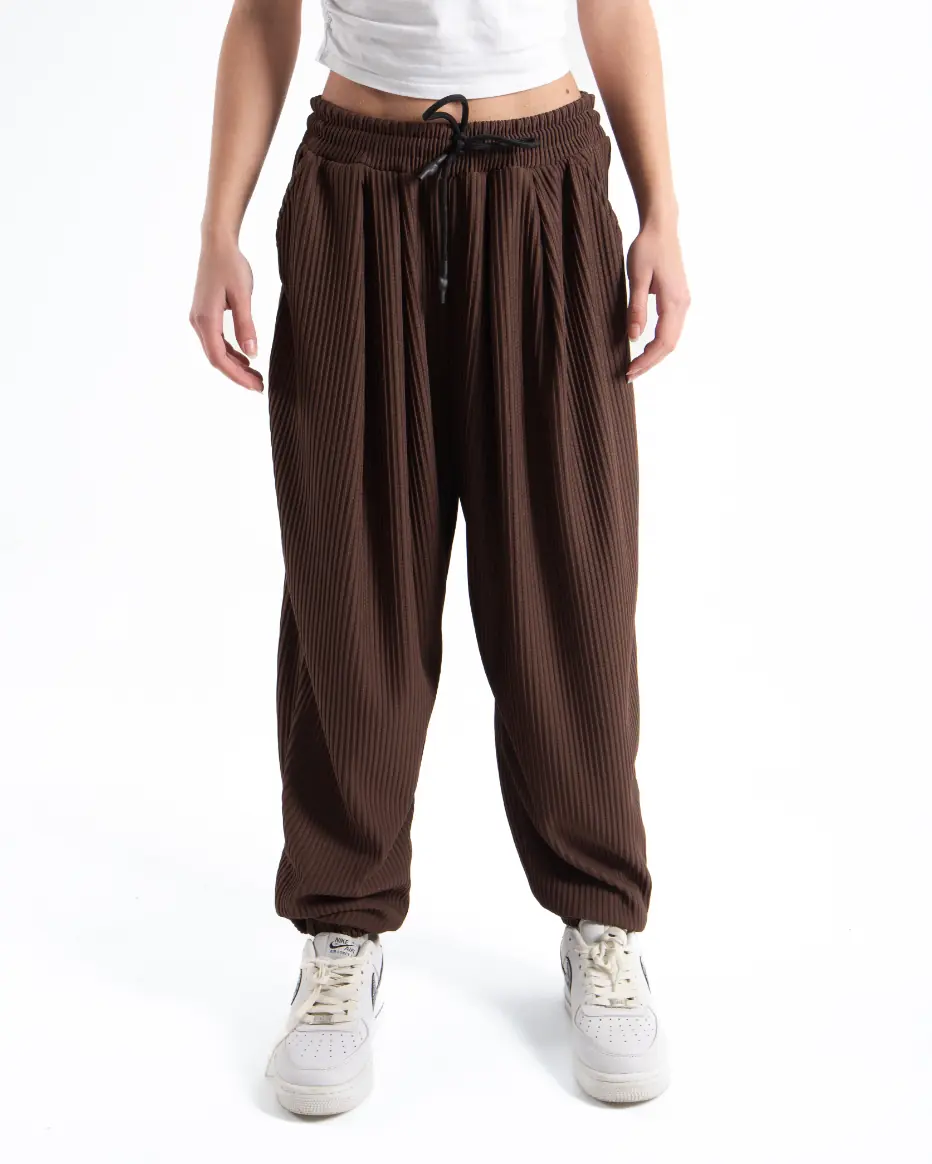 Kadın Kahverengi Fitilli Pileli Eşofman Altı - Gerusta