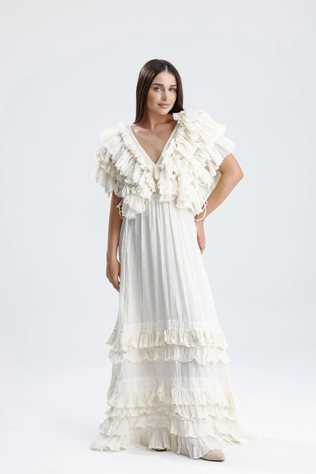 V YAKA FIRFIRLI KOL UZUN BOHEM ELBİSE