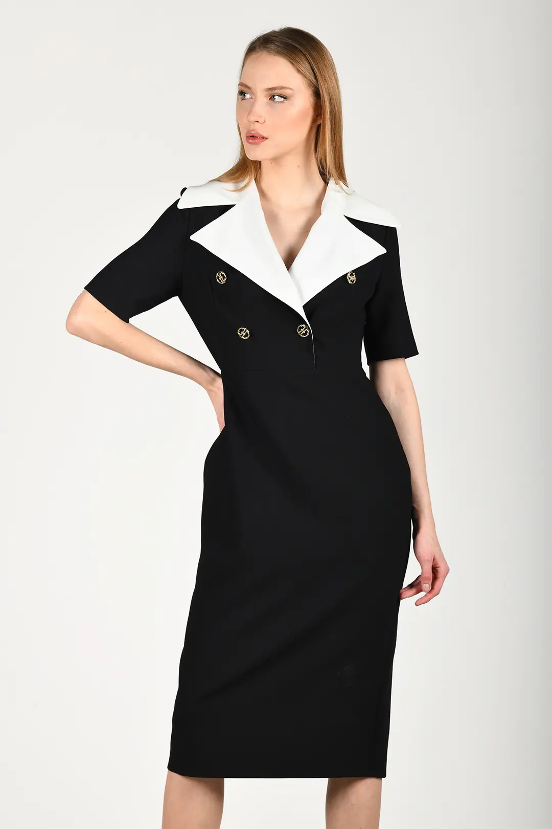 Beyaz Yaka Siyah Midi Elbise - QE259 - La Luce Giyim