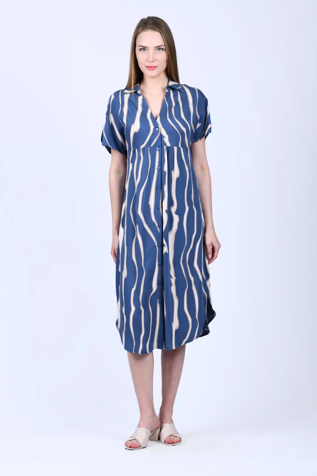 İndigo Zebra Desen Gömlek Elbise - la luce