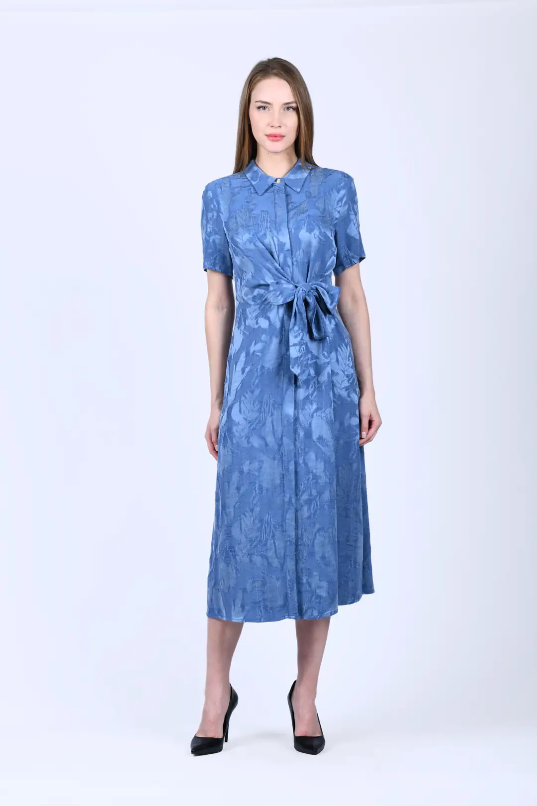 İndigo Desenli Kuşaklı Gömlek Elbise - la luce