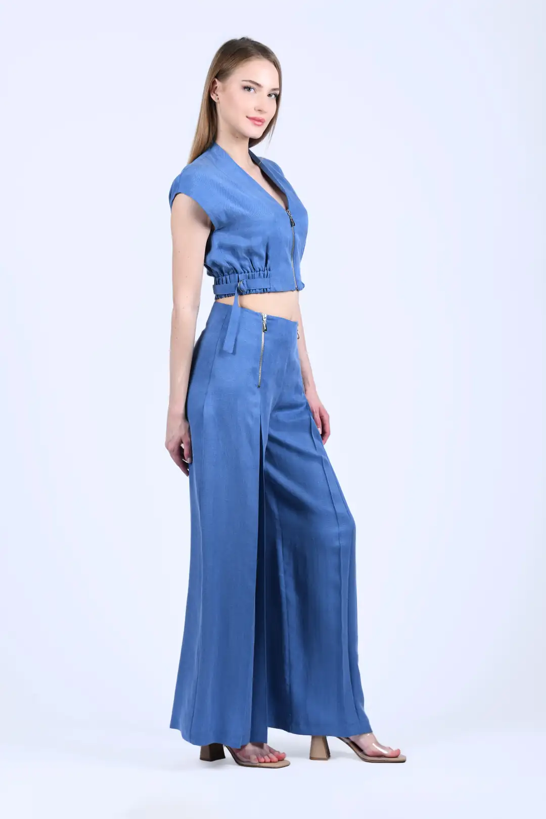 İndigo Fermuar Detaylı Bol Pantolon - QP168 - la luce