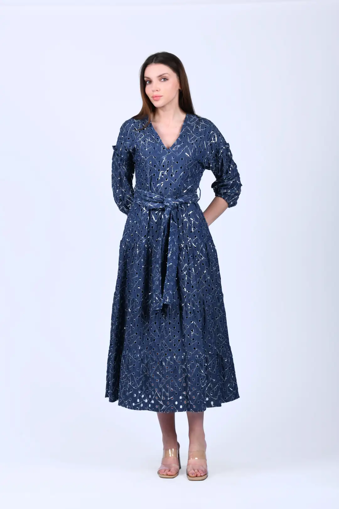 İndigo Payetli Kuşaklı Elbise - la luce