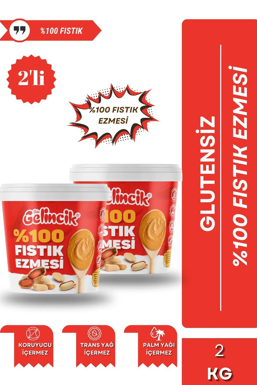 2'li Set Fıstık Ezmesi Şekersiz %100 Saf Doğal Katkısız Taze Çekim Glu