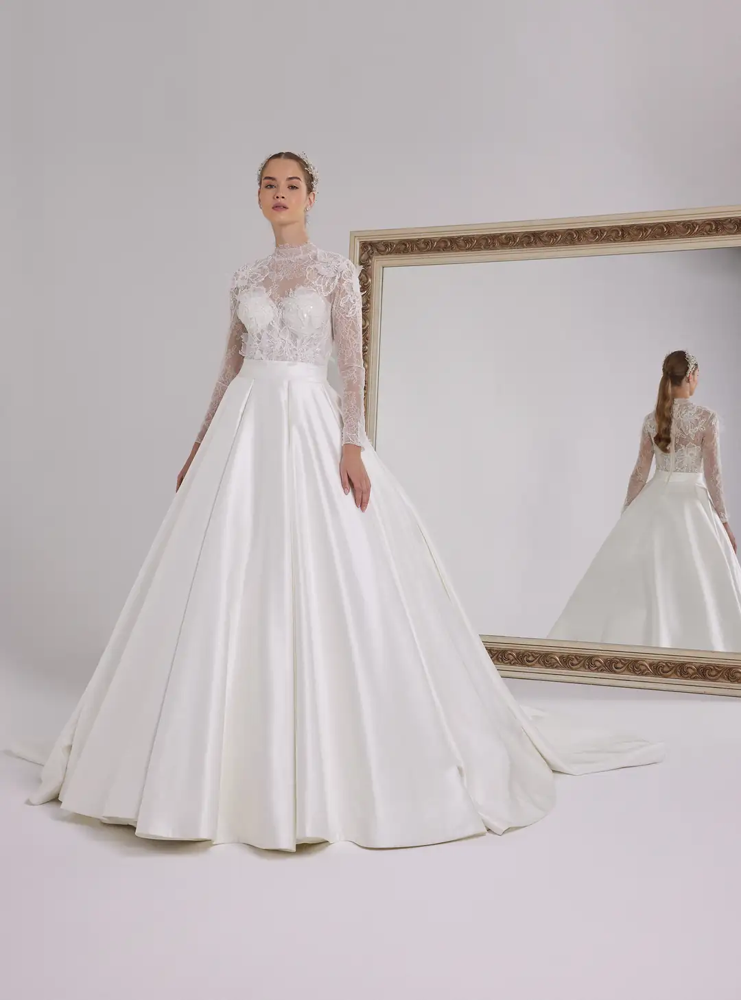 French Lace and Satin Designed Princess Gown with Long Sleeves