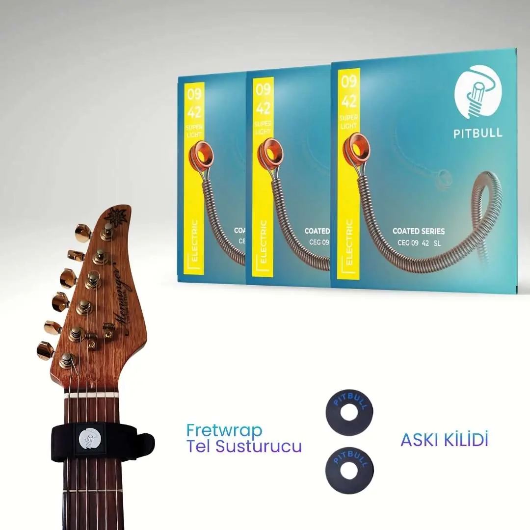 Pitbull Strings Coated Seri Elektro Gitar Teli 3'lü SET+Fretwrap+Askı ...