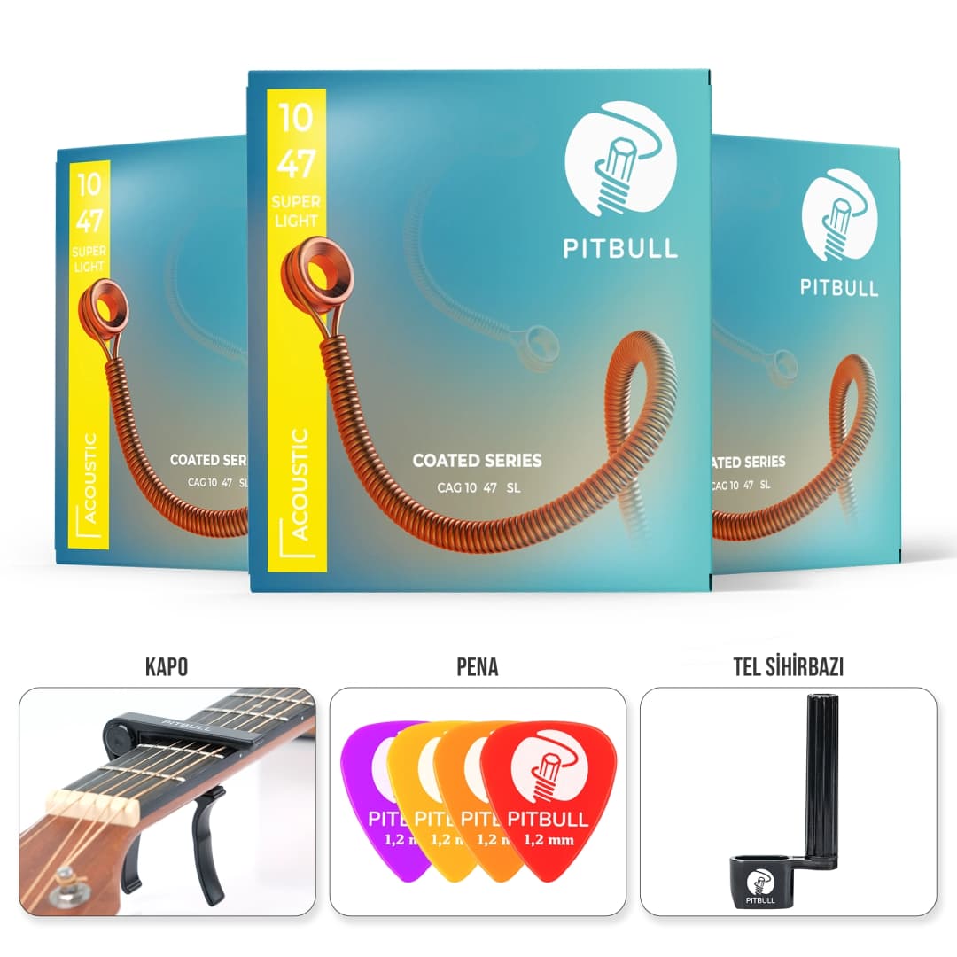 Pitbull Coated Acoustic Strings 3-Pack – Capo & Tools Included
