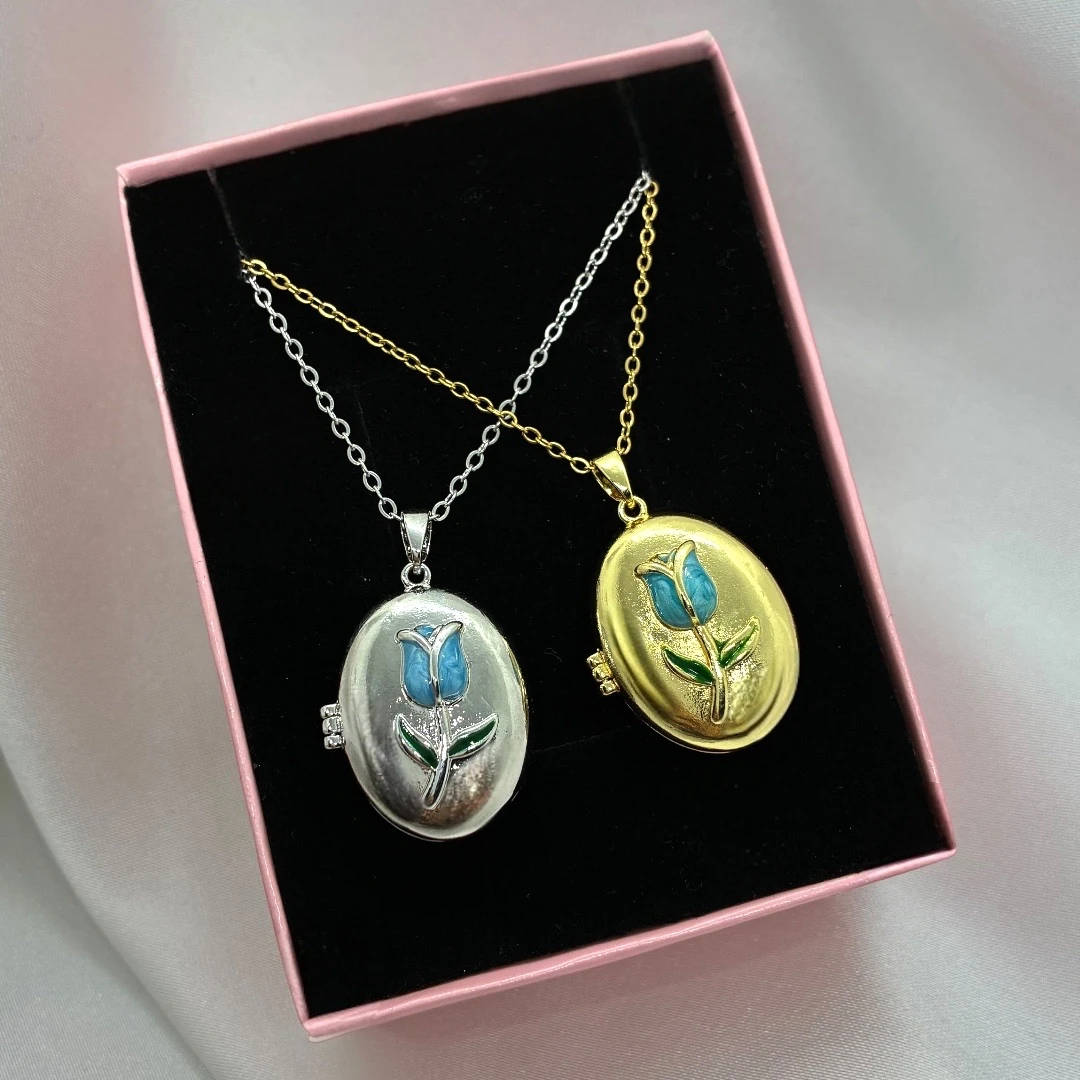 Çelik | Blue Tulip Open Locket Kolye
