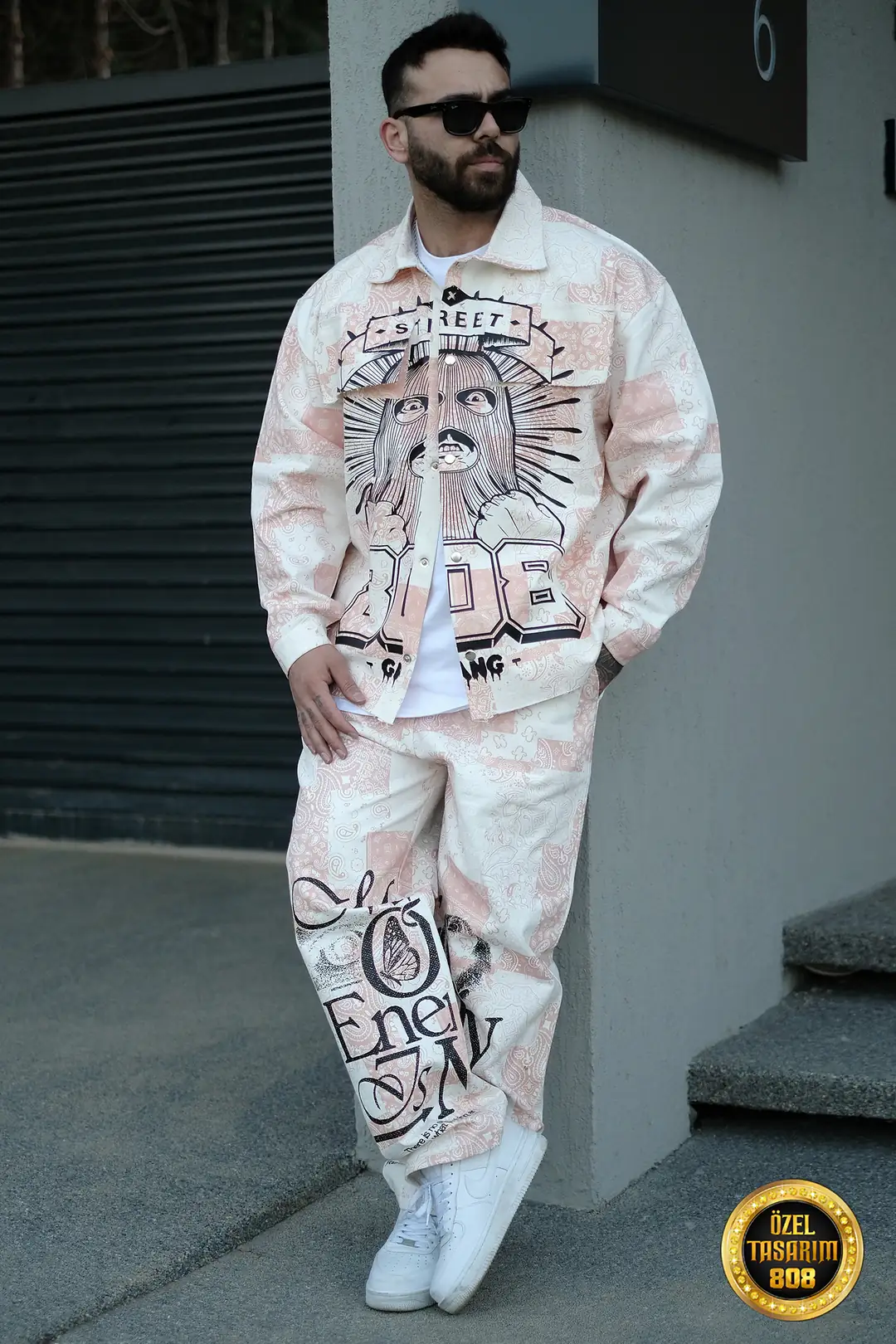 808 Gang Baskılı Bandana Desen Oversize Takım - Ekru