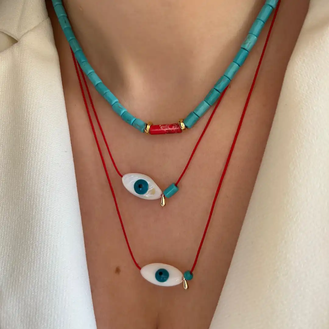 Evil Eye Göz Detaylı Sedef Kırmızı İpli Kolye