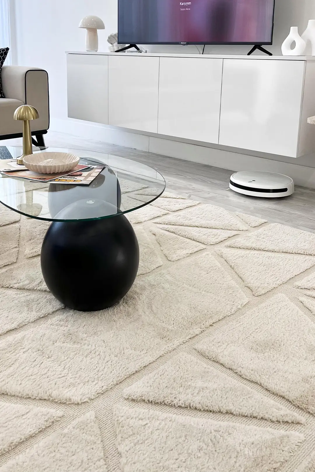 Naar Halı Step 2211 Krem Geometrik Desenli Modern Kesme Halı