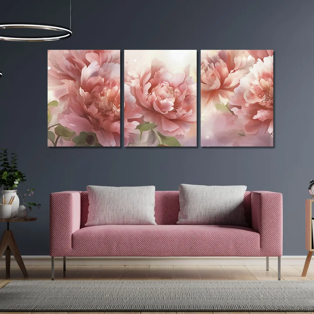3'lü Kanvas Duvar Tablosu Soft Pastel Pembe Çiçek Tasarımı | GaagArt