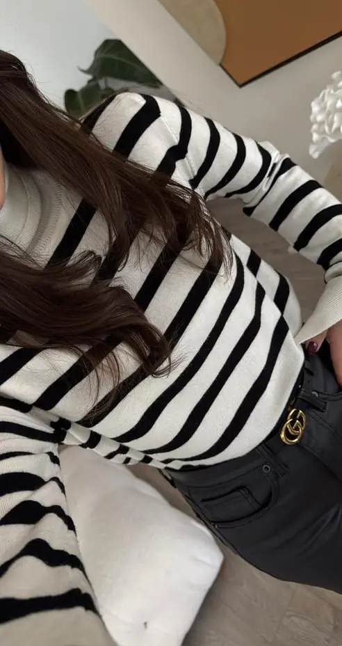 Siyah Beyaz Çizgili Balıkçı Yaka Massi Marka Model Kazak