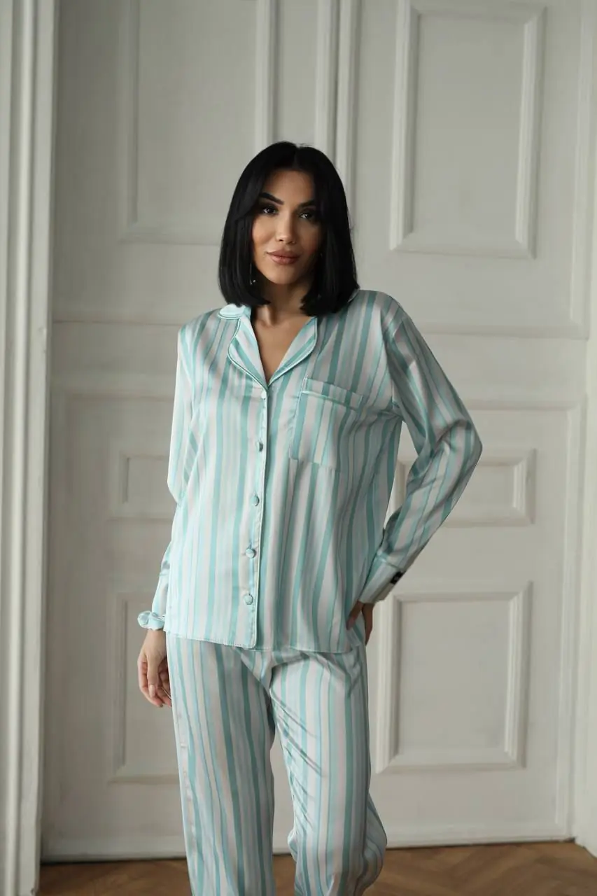 Berhani Saten Kadın Pijama Takımı Mavi Çizgili