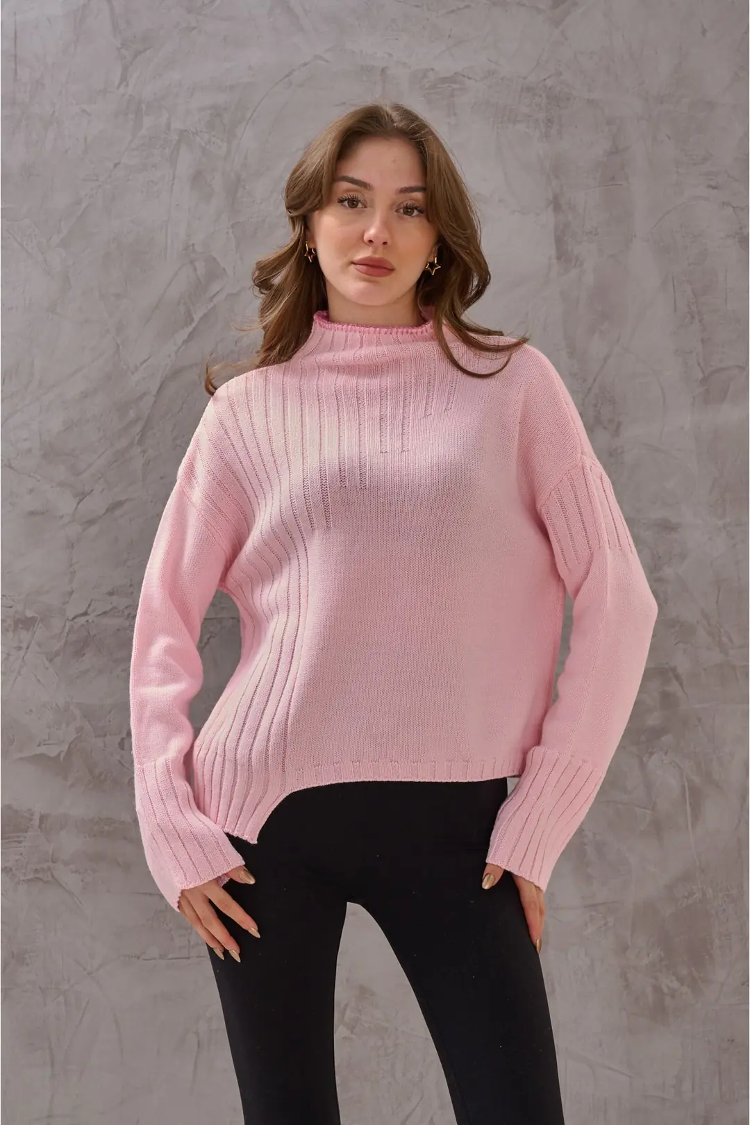 Kadın Asimetrik Toz Pembe Triko