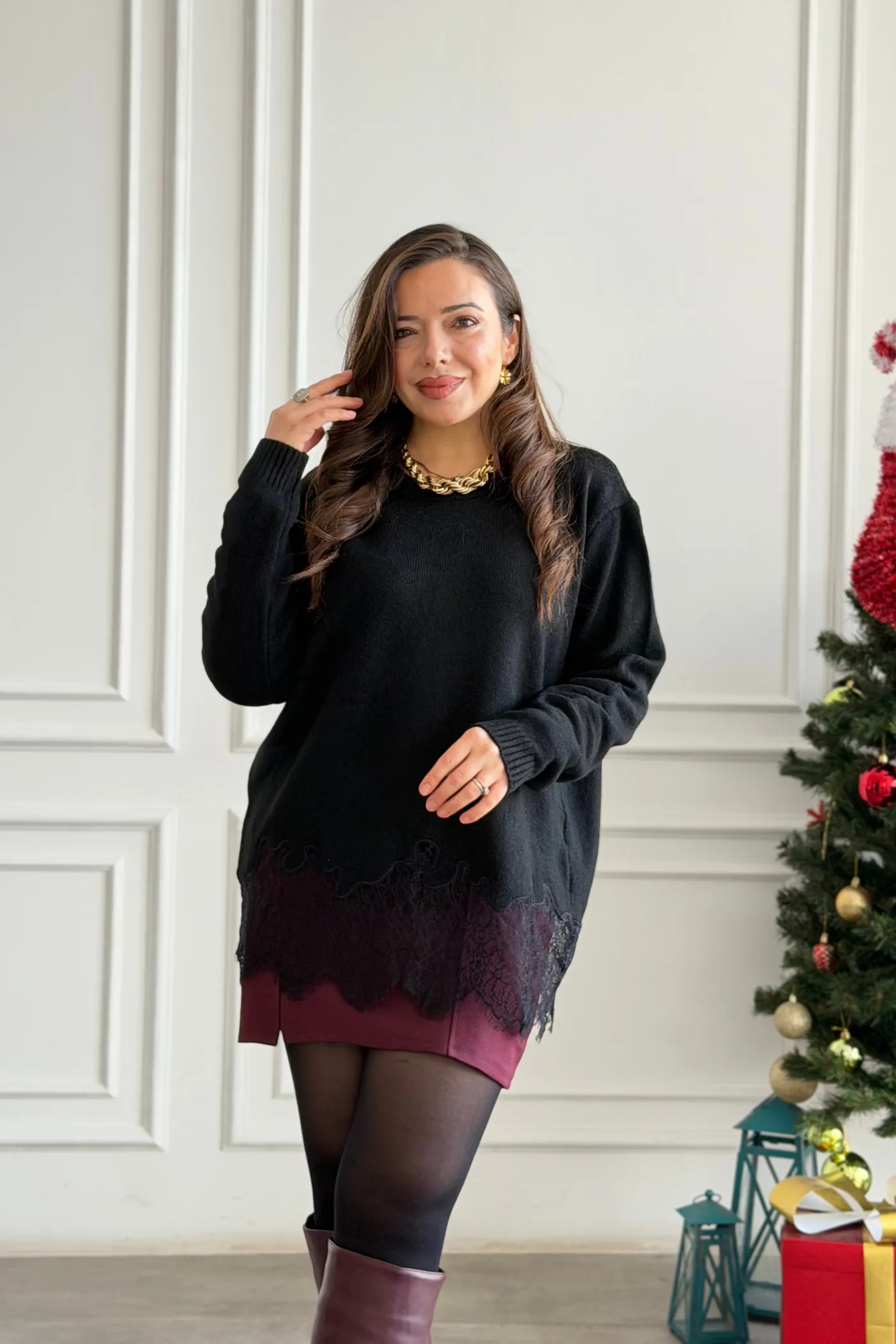 Bisiklet Yaka Etek Ucu Dantel Detaylı Triko