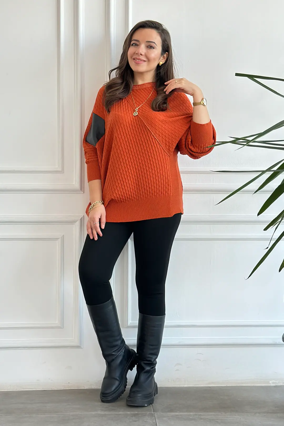 Bisiklet Yaka Kolu Deri Garnili Triko