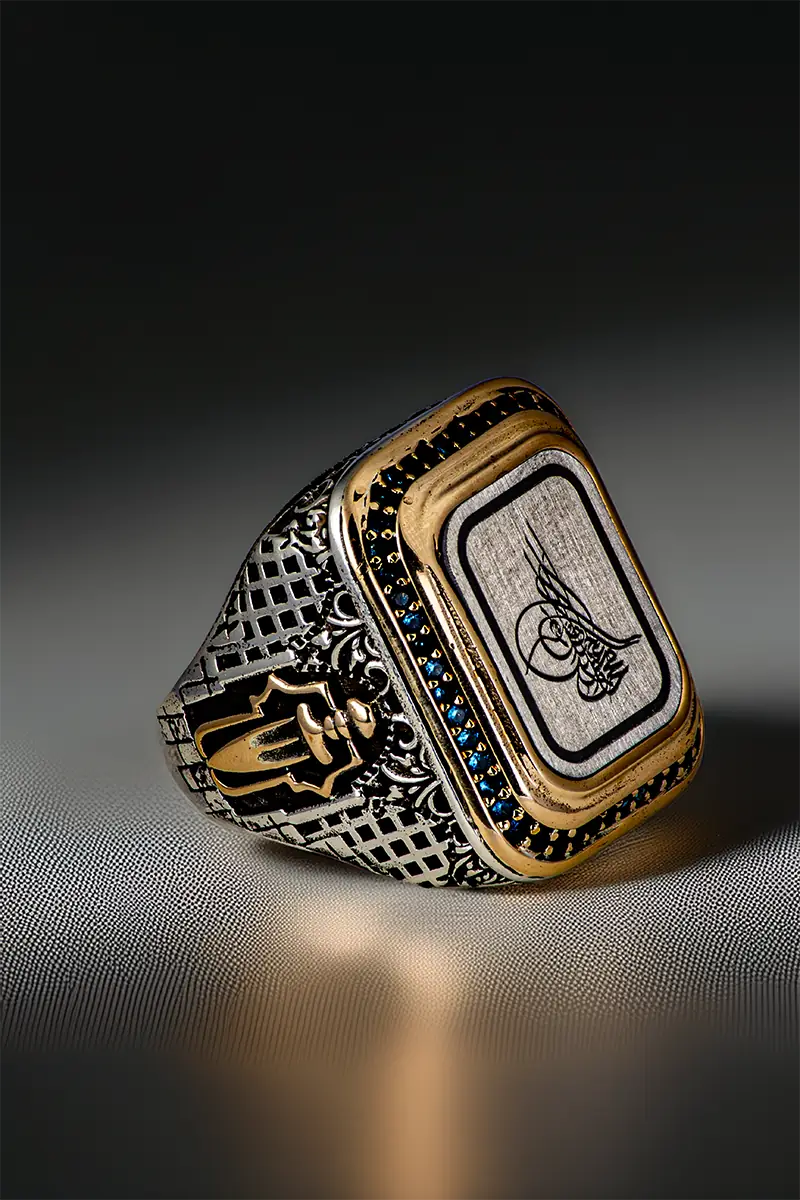 Erkek Osmanlı Tuğrası İşlemeli Yanı Hançer Motifli Zirkon Taşlı 925 ...