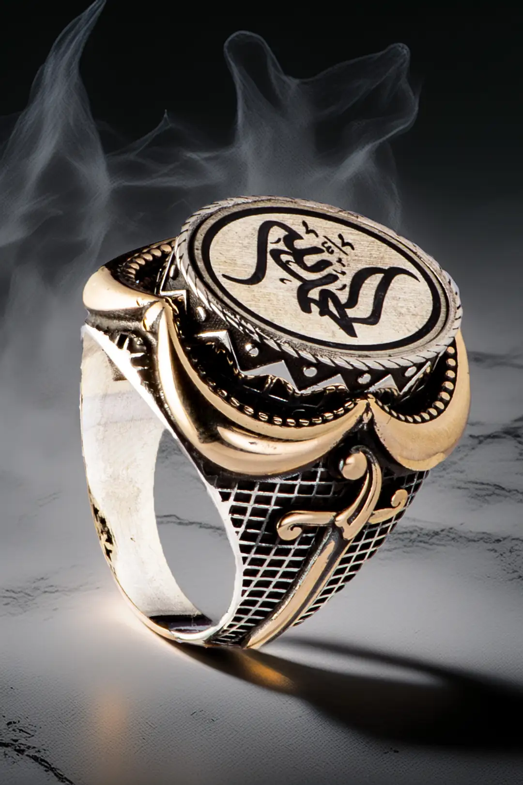 Erkek Arapça Elhamdülillah Yazılı Yanı Hançer Motifli 925 Ayar Gümüş Yüzük