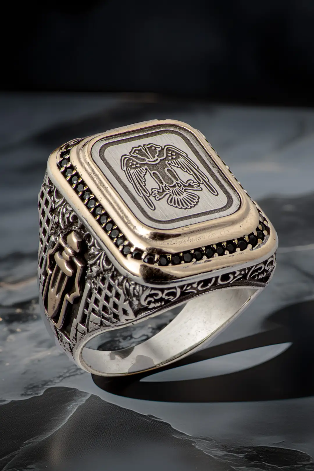 Erkek Çift Başlı Selçuklu Kartalı İşlemeli Yanı Hançer Motifli 925 Ayar ...