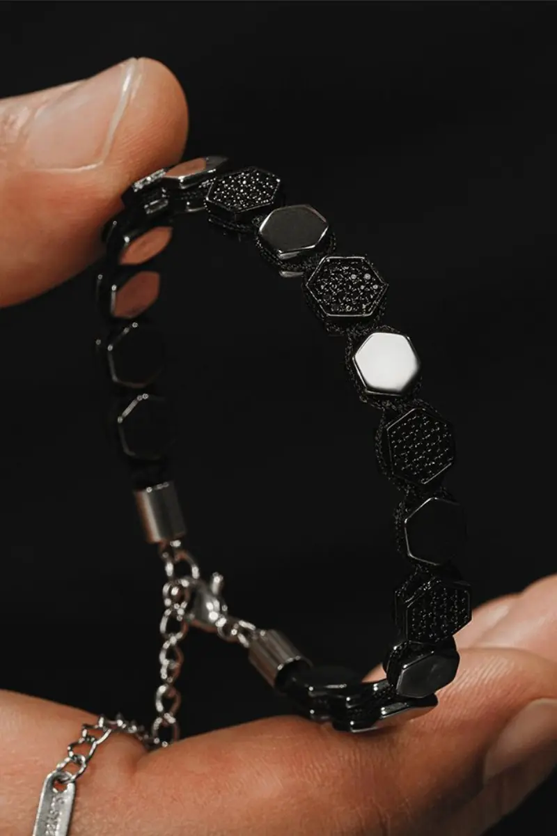 Erkek Doğaltaş Bileklik - Siyah Hematit Taşlı Makrome Örme Erkek Bileklik