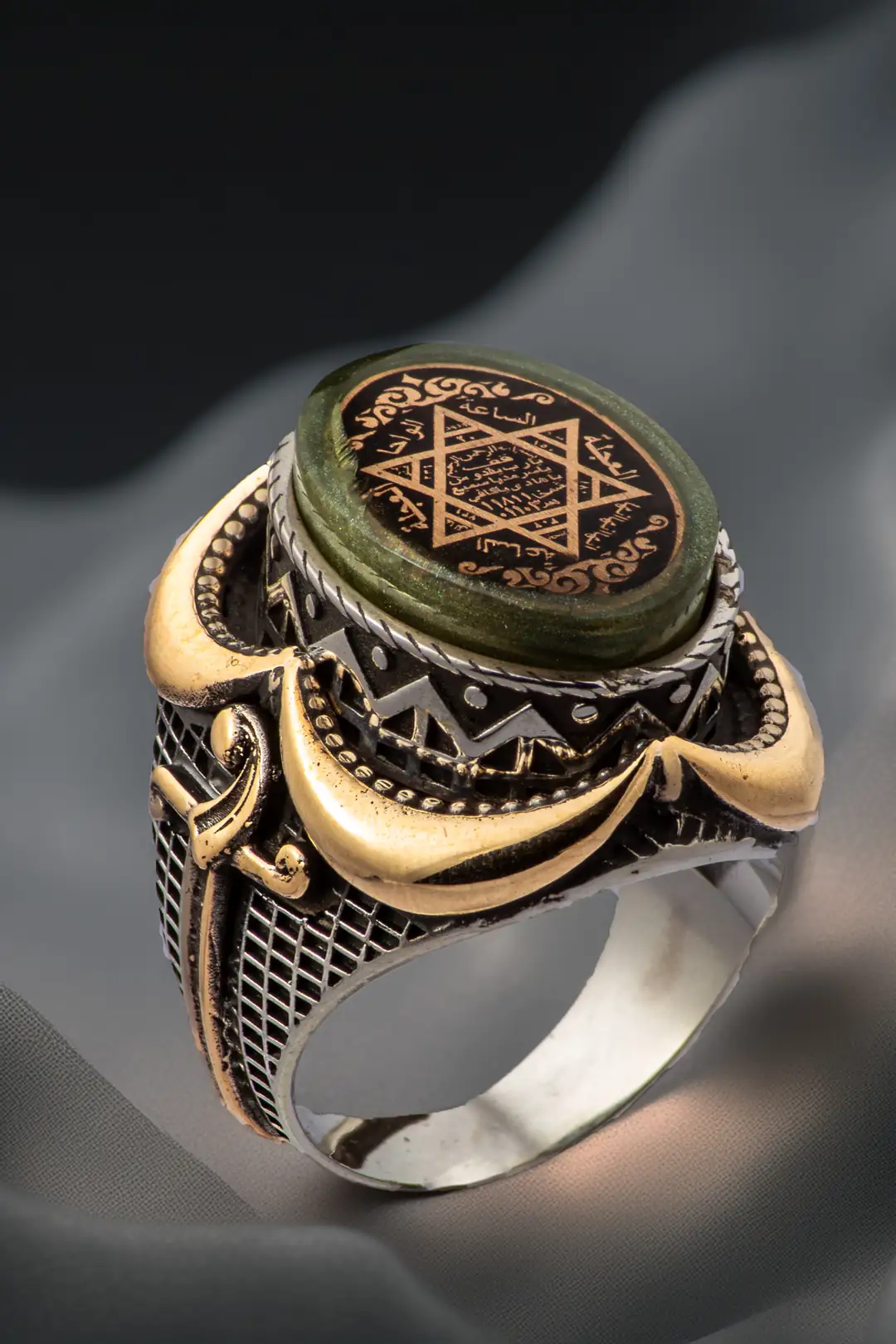 Erkek Yeşil Kehribar Taşlı Süleyman Mührü İşlemeli Hançer 925 Ayar ...