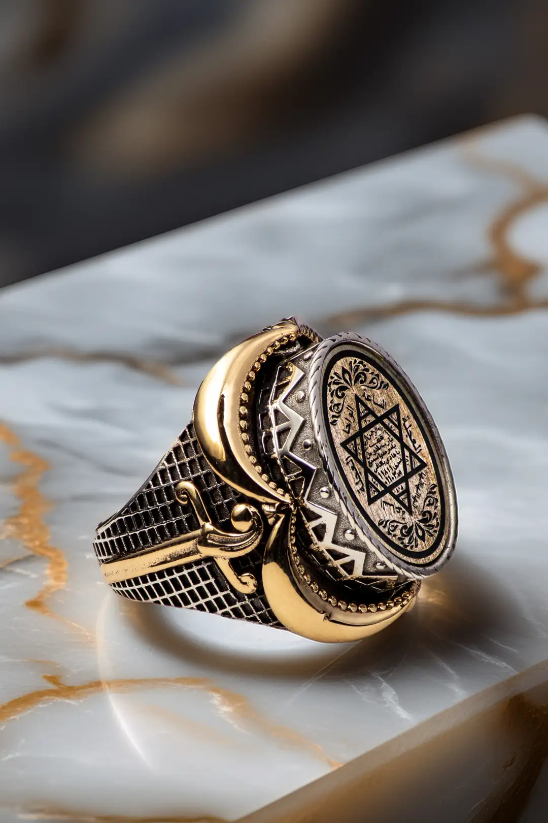 Erkek Hz Süleyman Mührü Yanı Hançer Motifli 925 Ayar Gümüş Yüzük