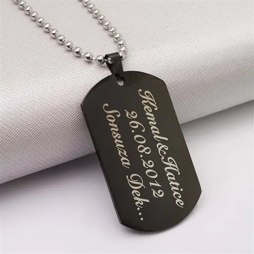 Siyah Asker Künyesi Kolyesi Paslanmaz Erkek Çelik Kolye Top Zincirli