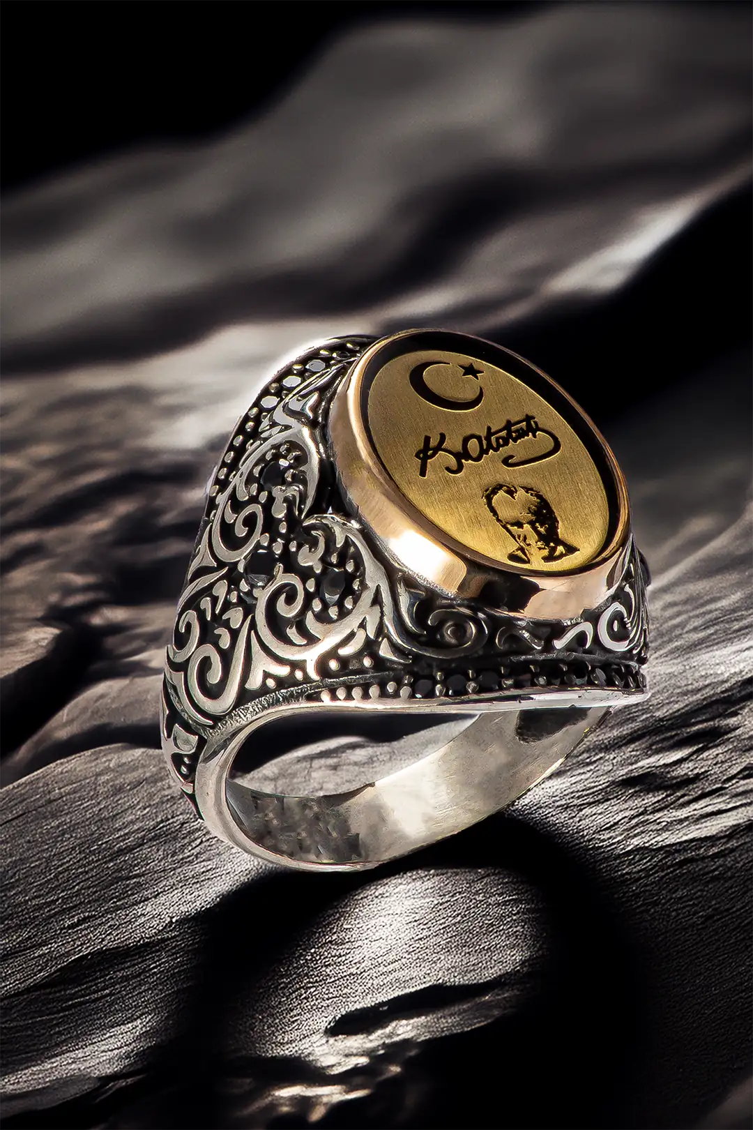 Erkek Mustafa Kemal Atatürk İmzalı Türk Bayrağı Zirkon Taşlı Gümüş Yüzük