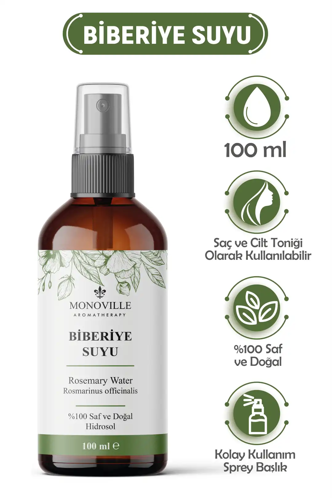 Biberiye Suyu 100 ml Cam Şişe %100 Saf ve Doğal (Rosemary Water)