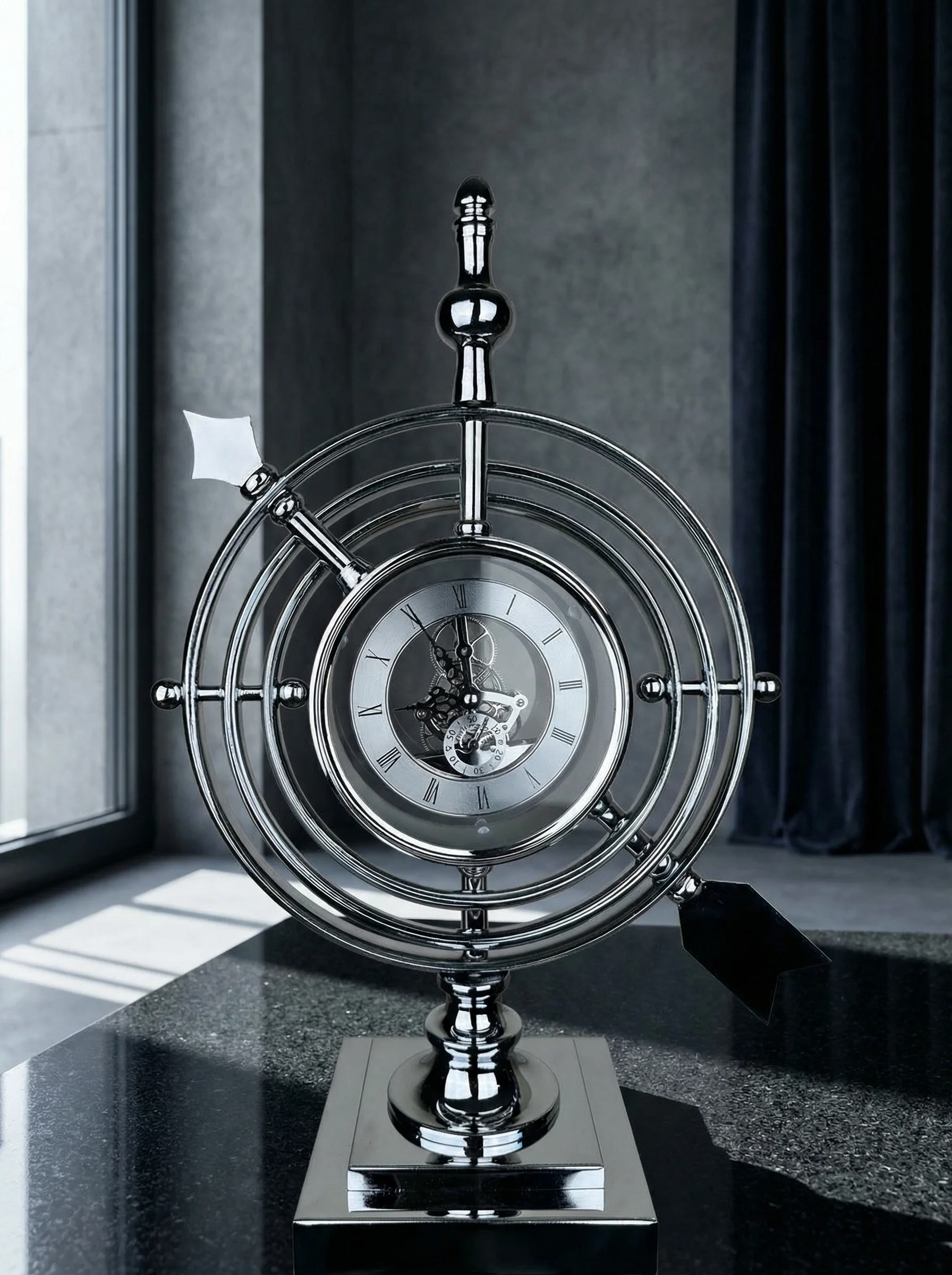 Gümüş Metal Çark Detaylı Masa Saati 48 cm