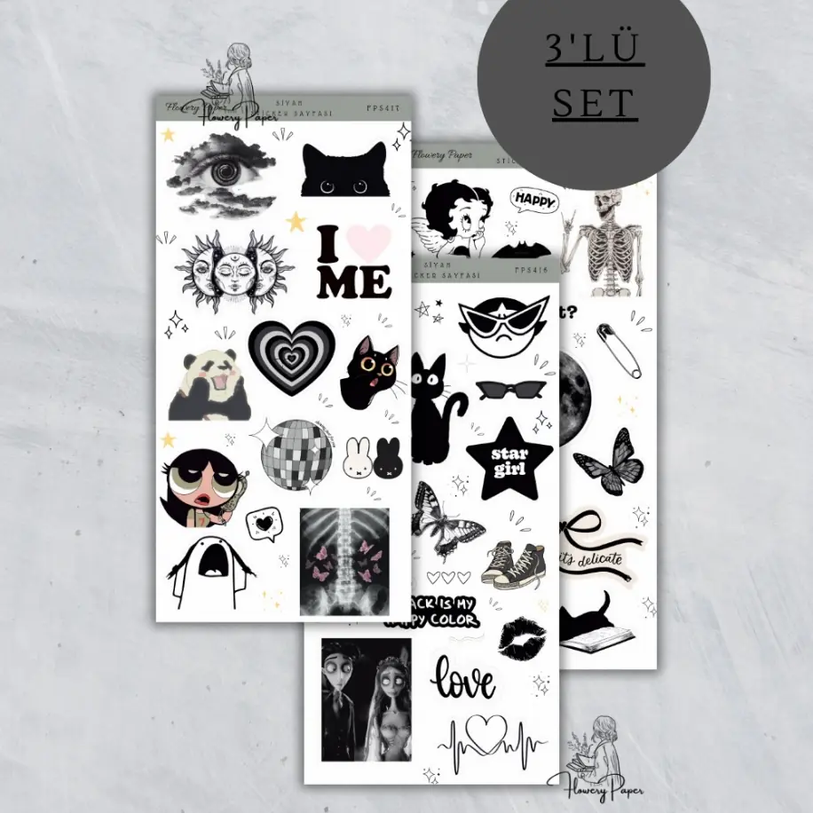 3lü Siyah Estetik Sticker Seti