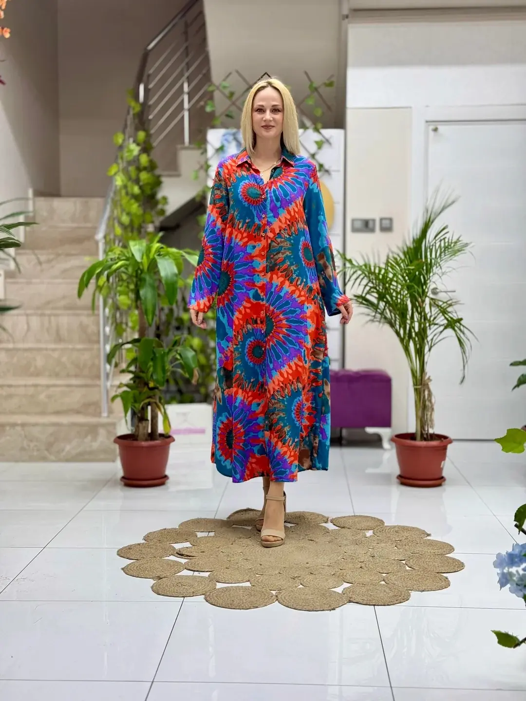 SLN31116 Pamuk Viskon Boydan Düğmeli Uzun Selin Elbise