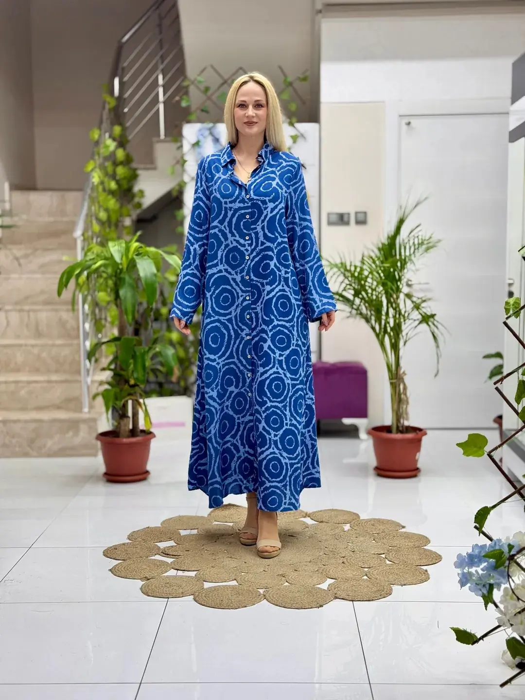 SLN31119 Pamuk Viskon Boydan Düğmeli Uzun Selin Elbise