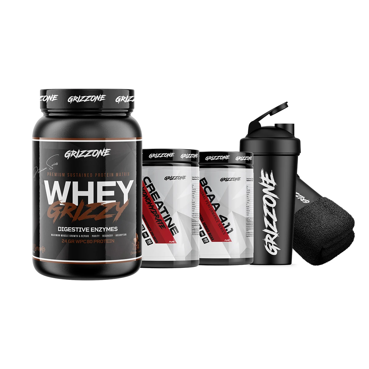 GRIZZY GAIN + CREATINE + SHAKER + HAVLU
