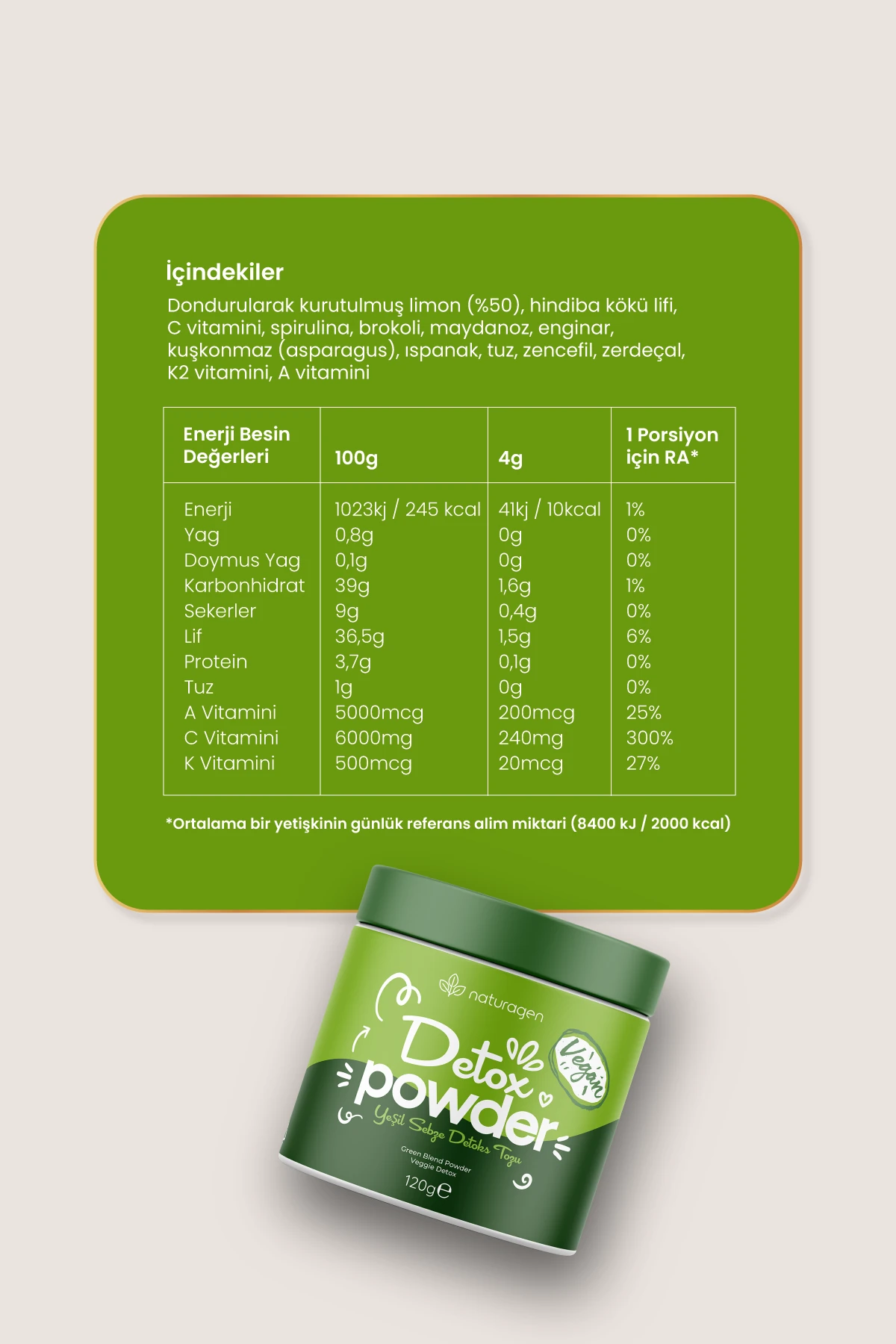 Naturagen Detoks Powder Yeşil Sebze Vegan Detoks Tozu 120 gr