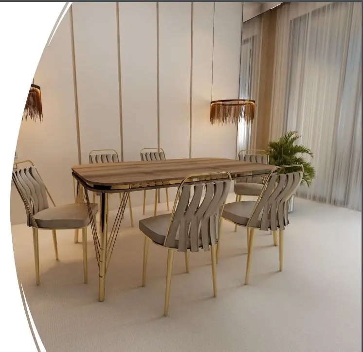 Masa Gold Ceviz + 6 Gold Sandalye Gri 140*90CM
