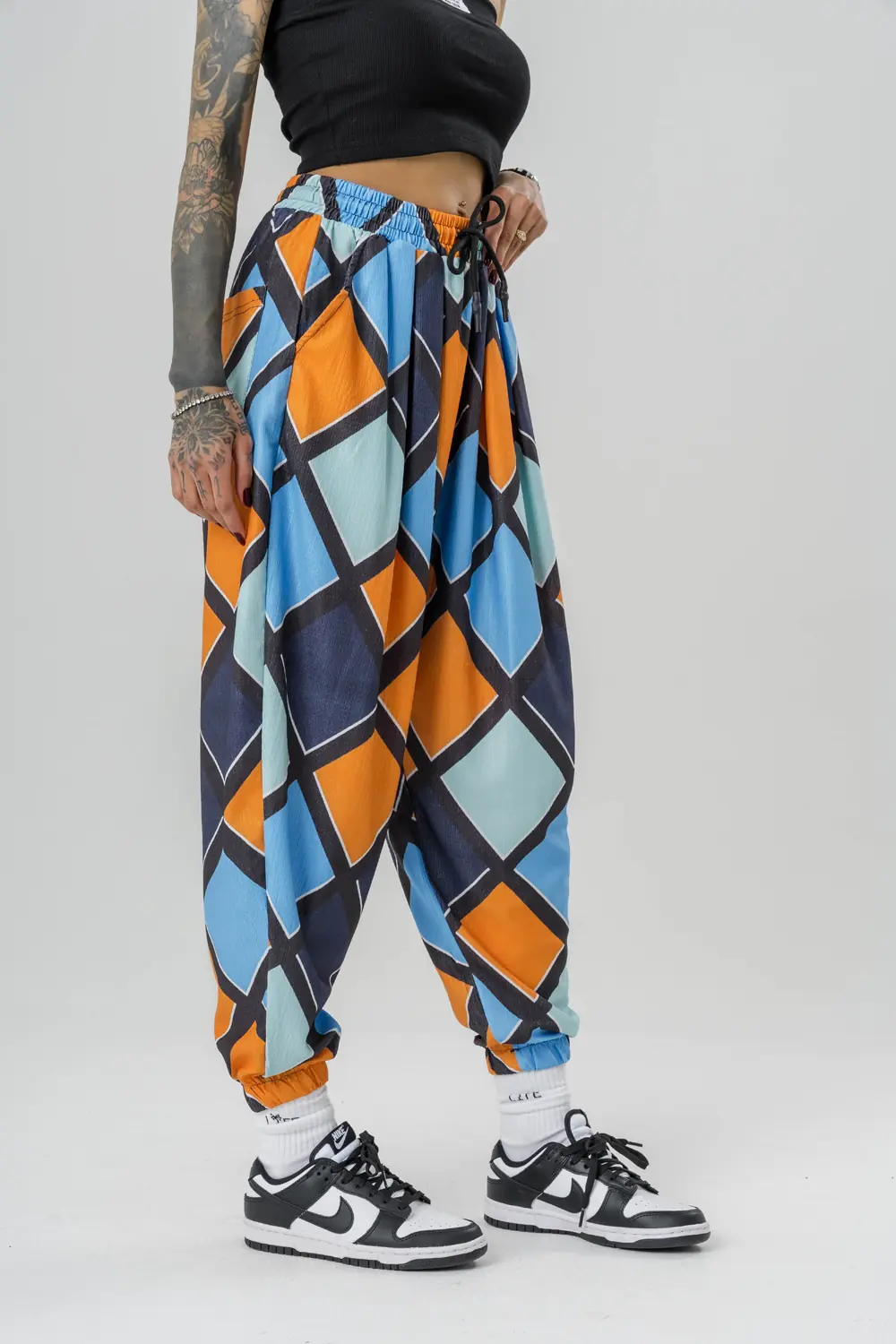 Diamond Pattern Bel ve Paça Lastikli Pileli Kadın Bohem Şalvar - Gangown