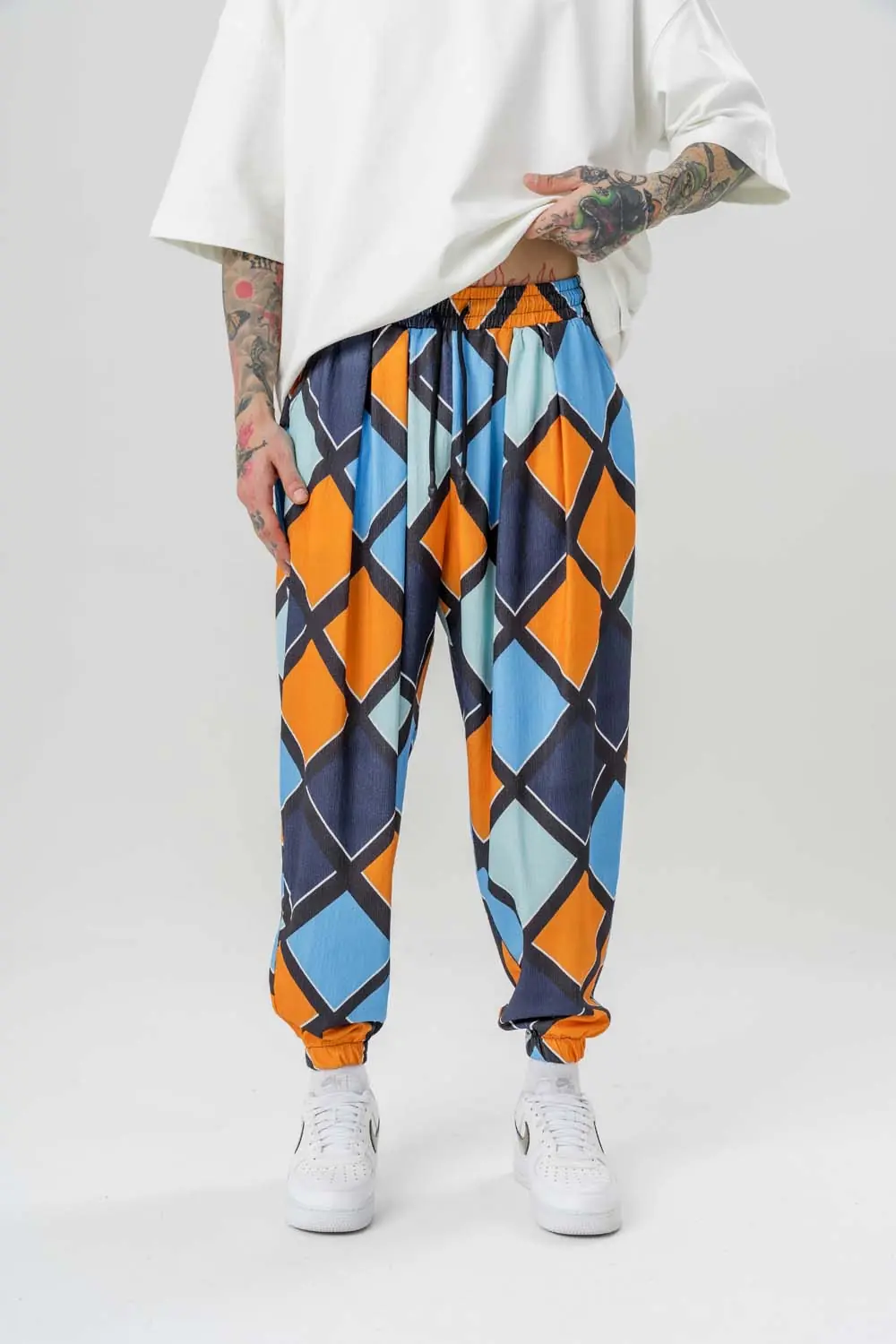 Diamond Pattern Bel ve Paça Lastikli Pileli Şalvar - Gangown