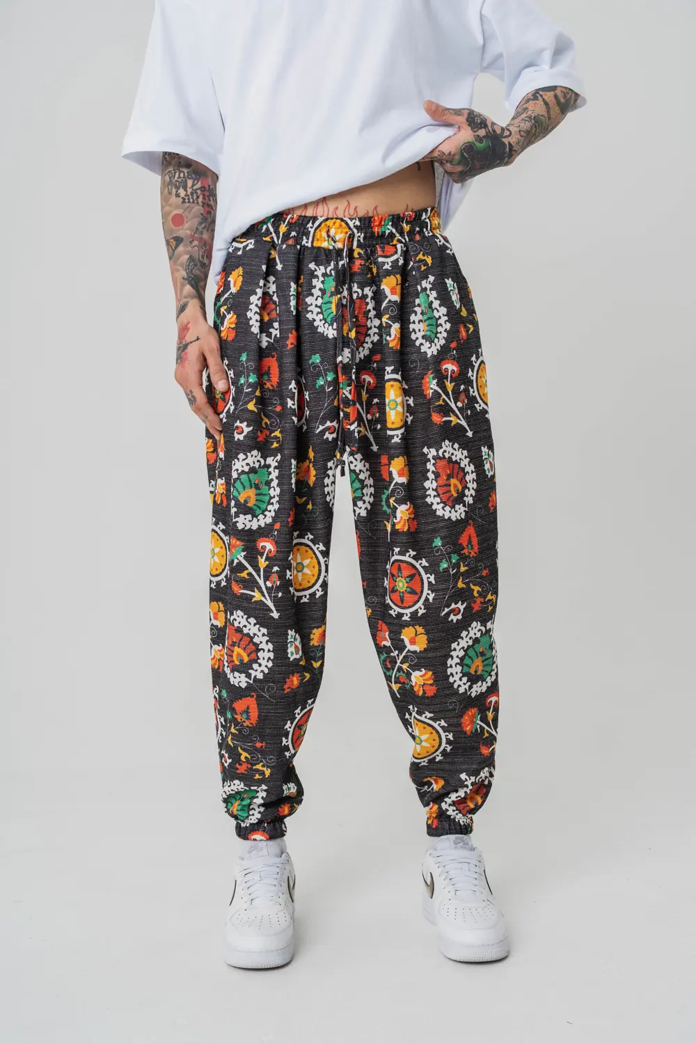 Wheel Pattern Bel ve Paça Lastikli Pileli Şalvar - Gangown