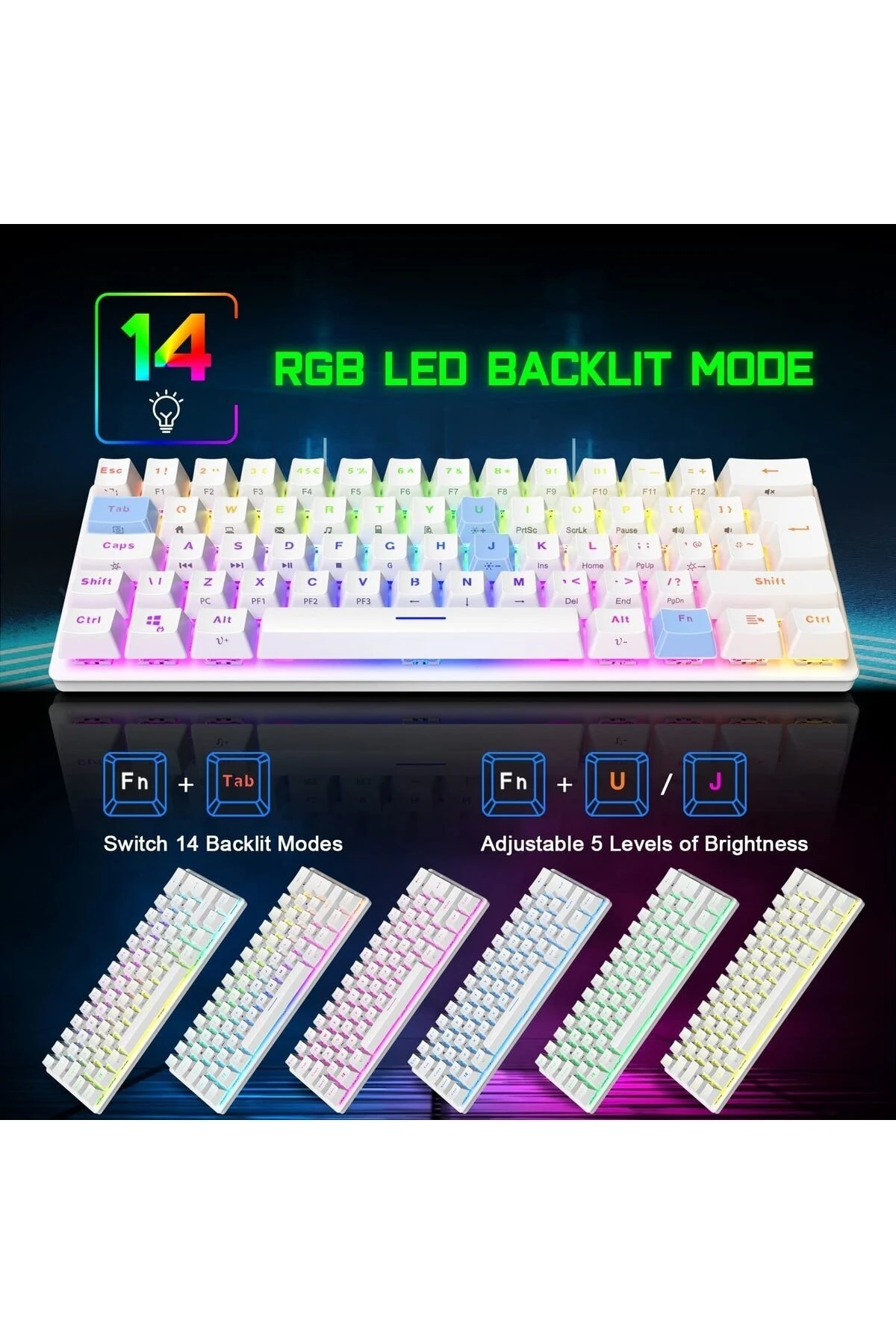 T60 Beyaz Red Ve Blue Switch Rgb Gaming Oyuncu Klavyesi Mekanik 62 Tuş