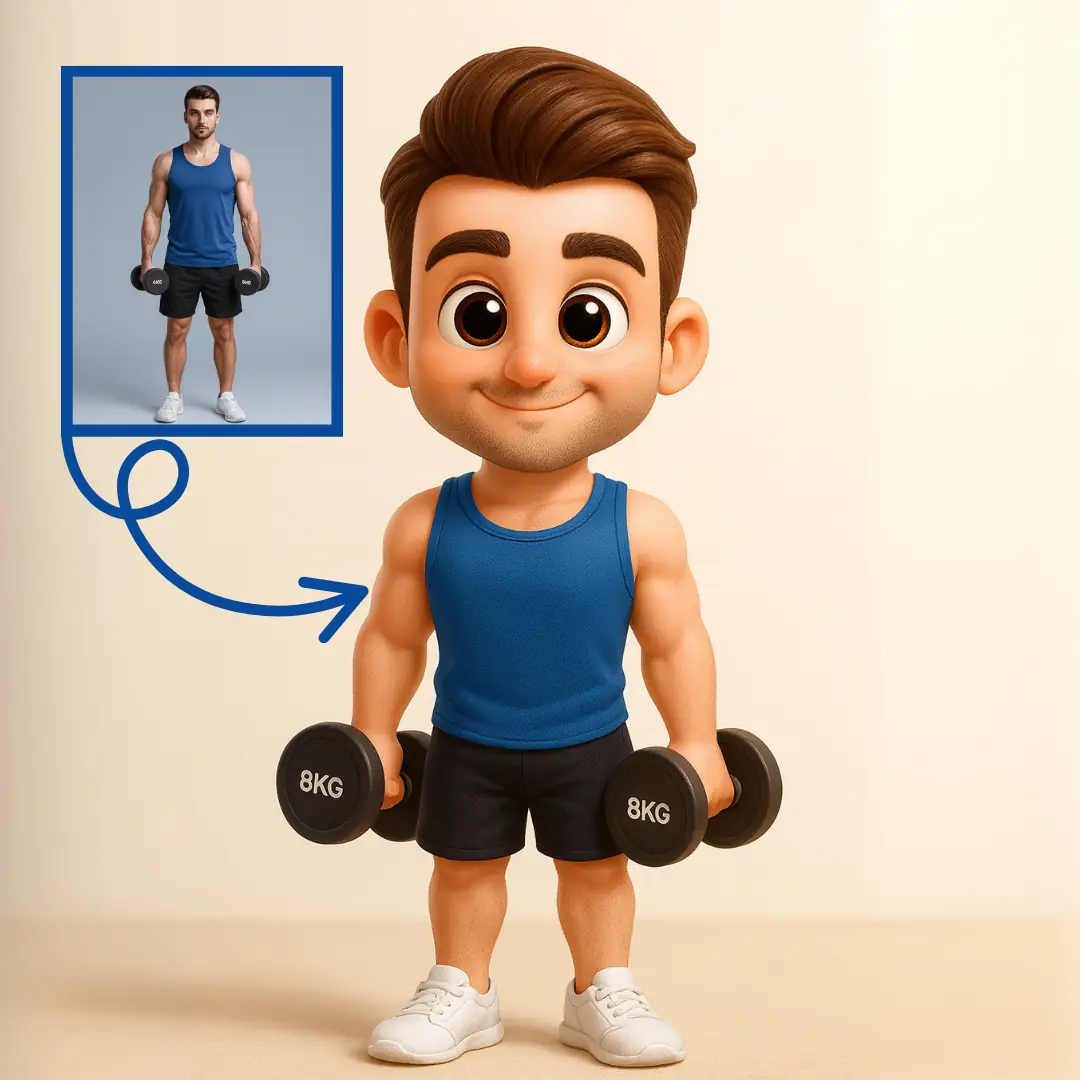 Pixar Tarzı Kişiye Özel Sporcu 3D Figür – Dumbbell Aksesuarı ile