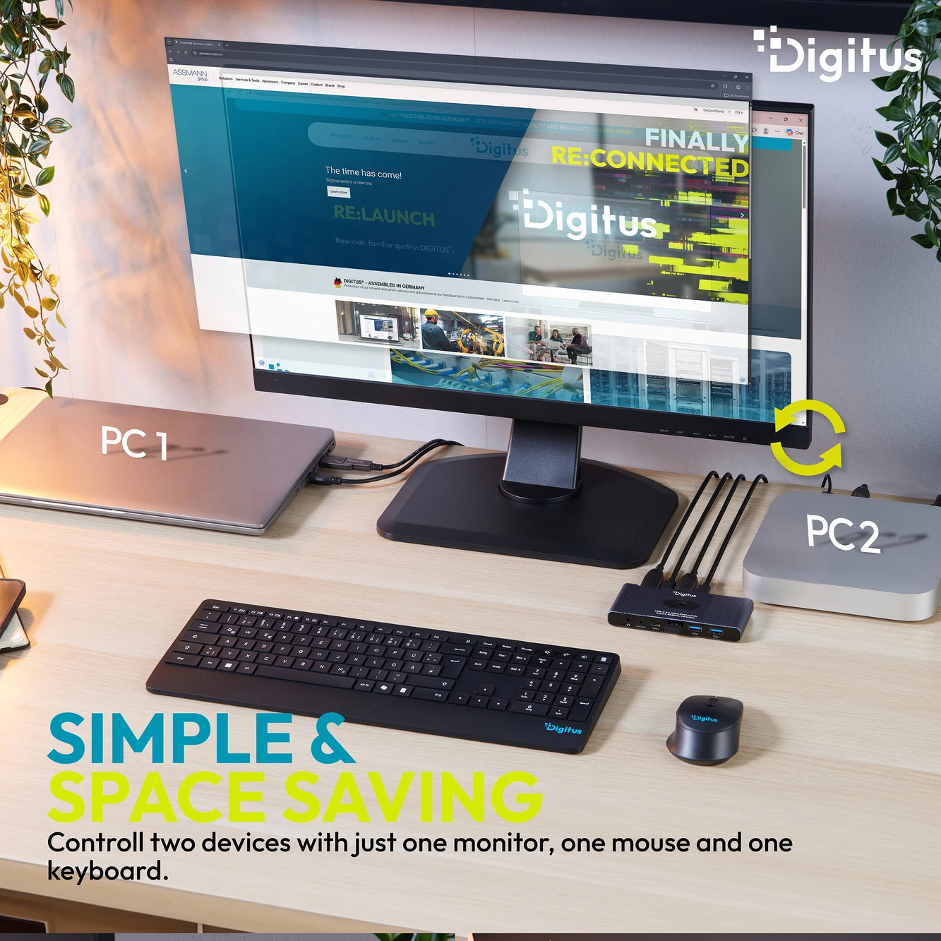 Ultra HD 4K@60Hz KVM Switch 2x1 | HDMI + USB 3.0 + USB-C | Tek Tuş Geçiş
