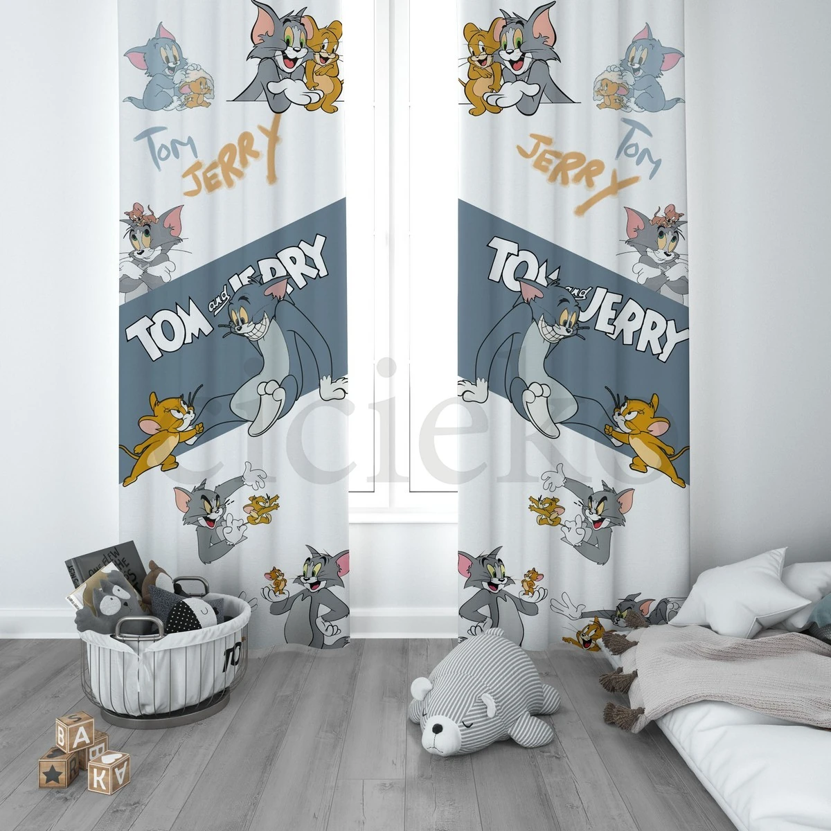 Gri Tom Ve Jerry Çocuk Odası Perdesi 1 Kanat