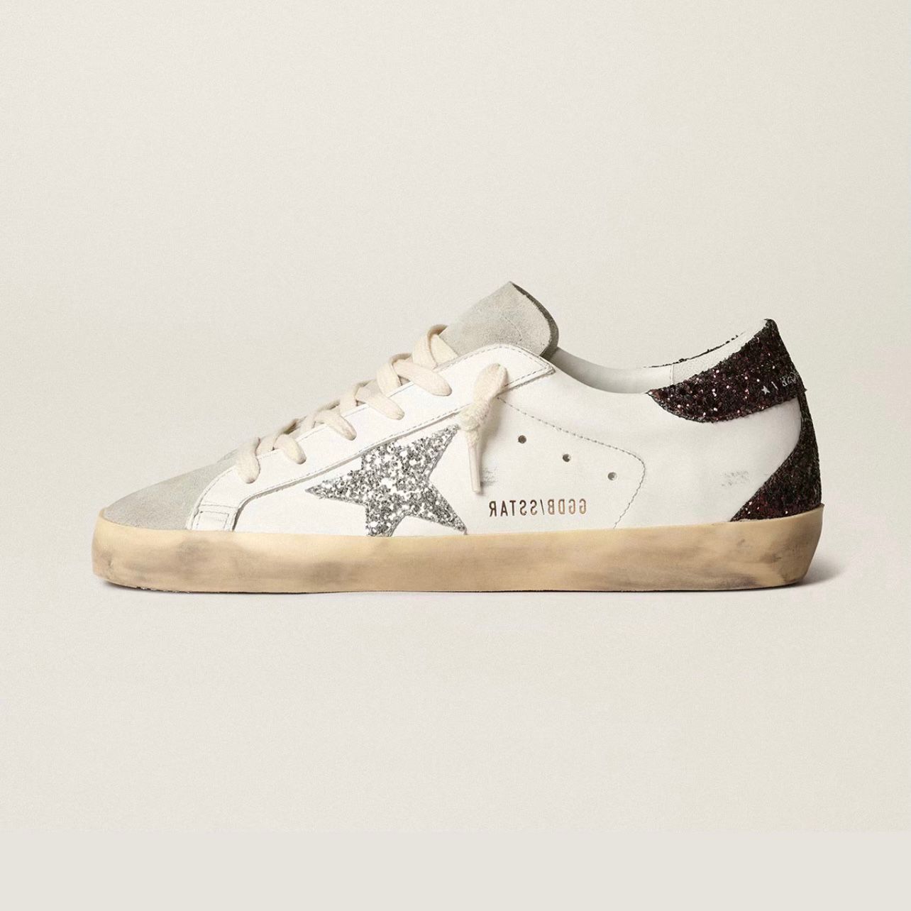 Golden Goose Super-Star With Silver Star And Brown Glitter Heel