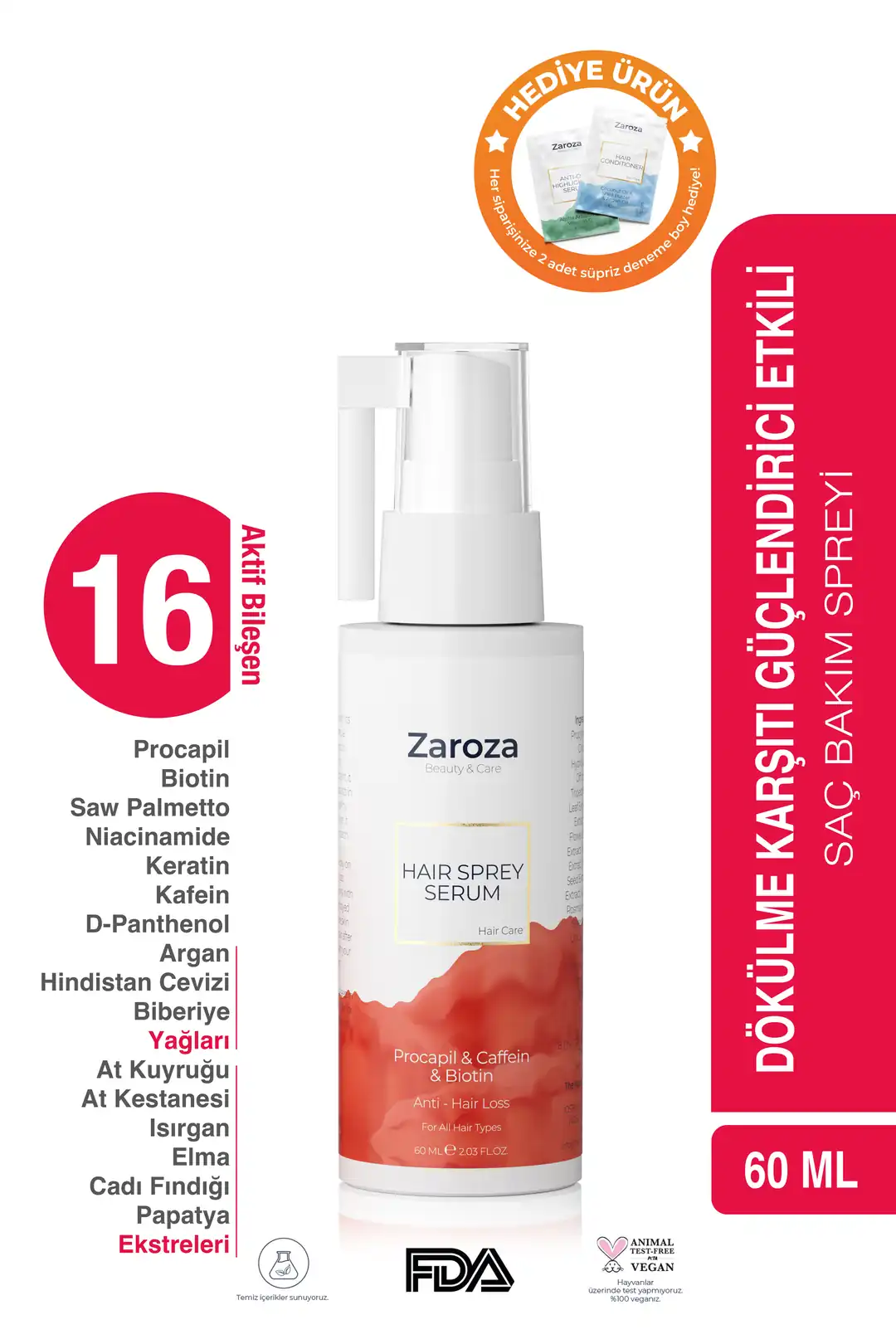Hair Sprey Serumu Saç Dökülmesine Karşı 60ml - Zaroza