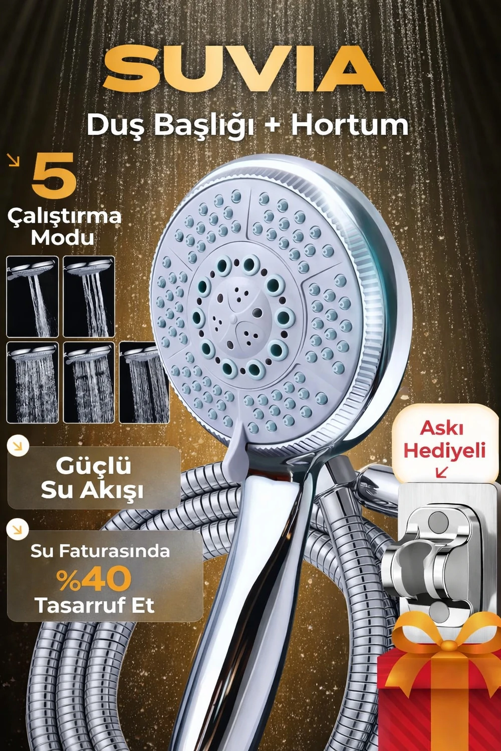 Suvia Yüksek Basınçlı Duş Başlığı 5 Fonksiyonlu + Çelik Hortum + Askı ...