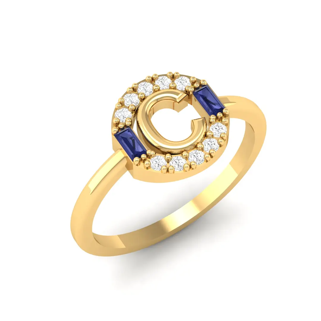 Initial Gold C Letter Ring Baguette Cut 0.20 CT