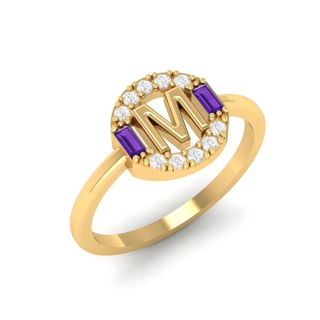 Initial Gold M Letter Ring Baguette Cut 0.20 CT