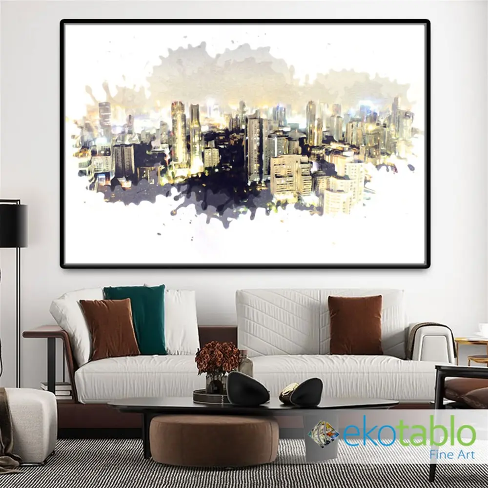 Beyaz Fon Işıltılı Şehir Kanvas Tablo - EkoTablo
